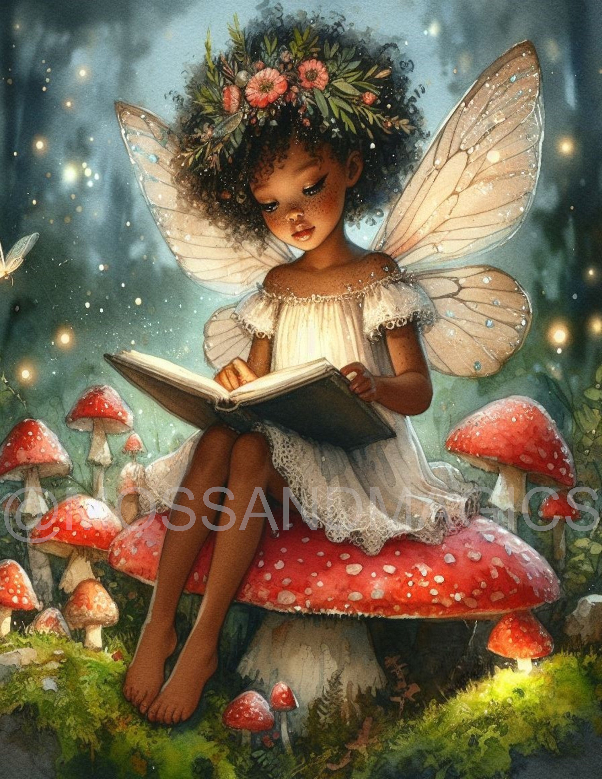Beautiful Forest Black African Fairy Girl Sitting Mushroom Reading ...