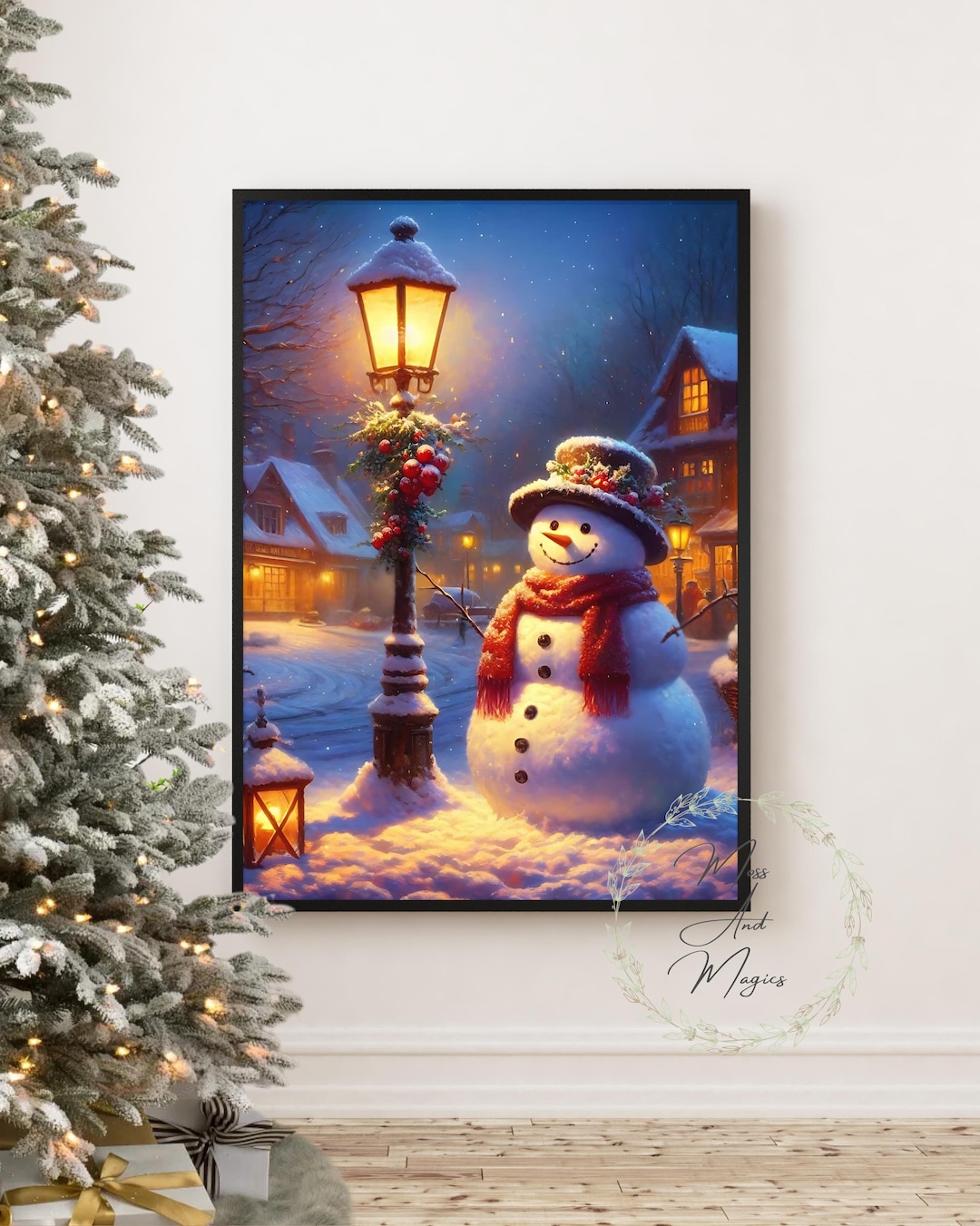 Snowman With Christmas Tree, Holiday Winter Snow Wall Art Poster ...