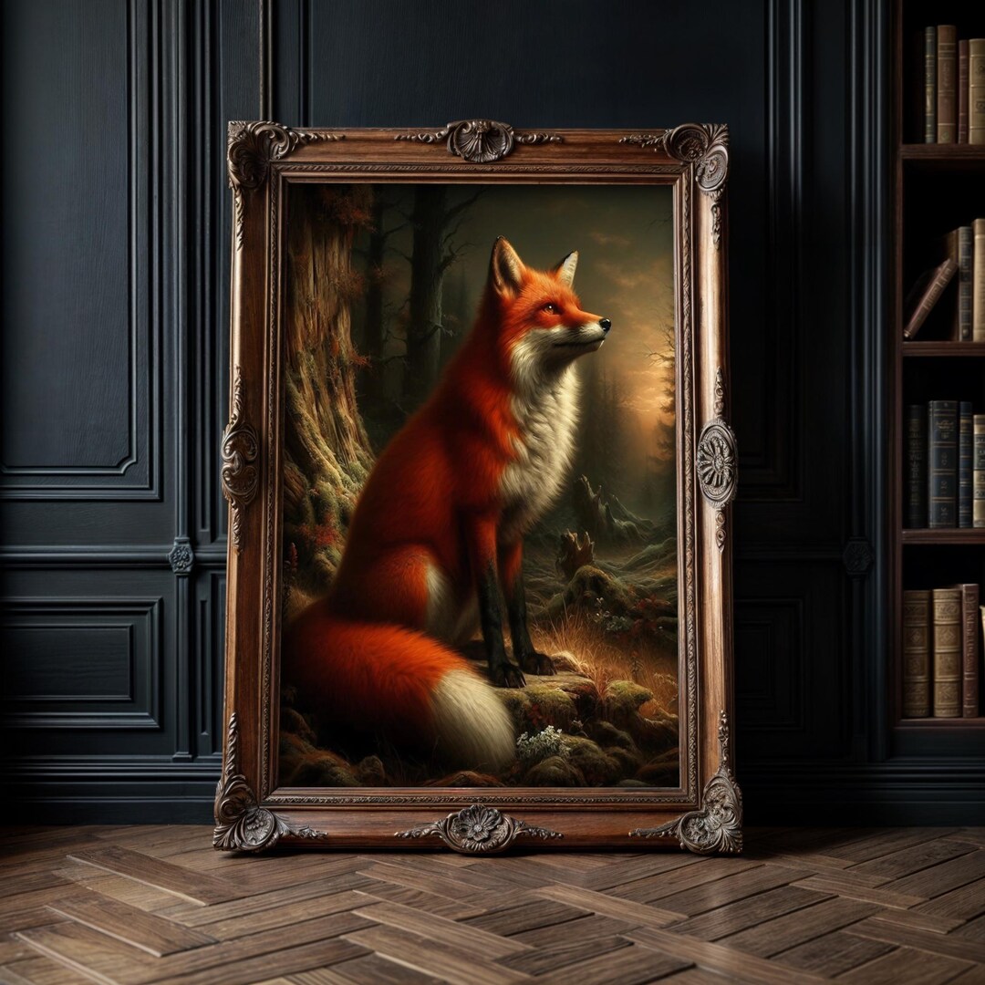 Red Forest Fox Forest Nature Woodland Vintage Painting Dark Academia ...