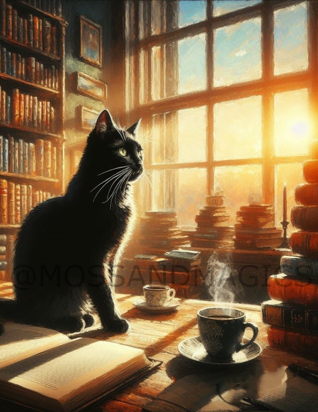 Black Cat in Library Sitting on Book With Coffee Sunlight Shining ...