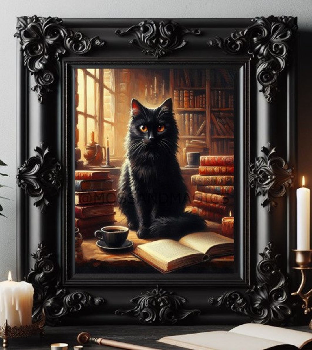 Black Cat in Library Sitting on Book With Coffee Sunlight Shining ...
