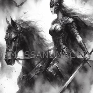 Medieval Valkyrie Warrior Viking Woman on Horse , Dark Fantasy Misty ...