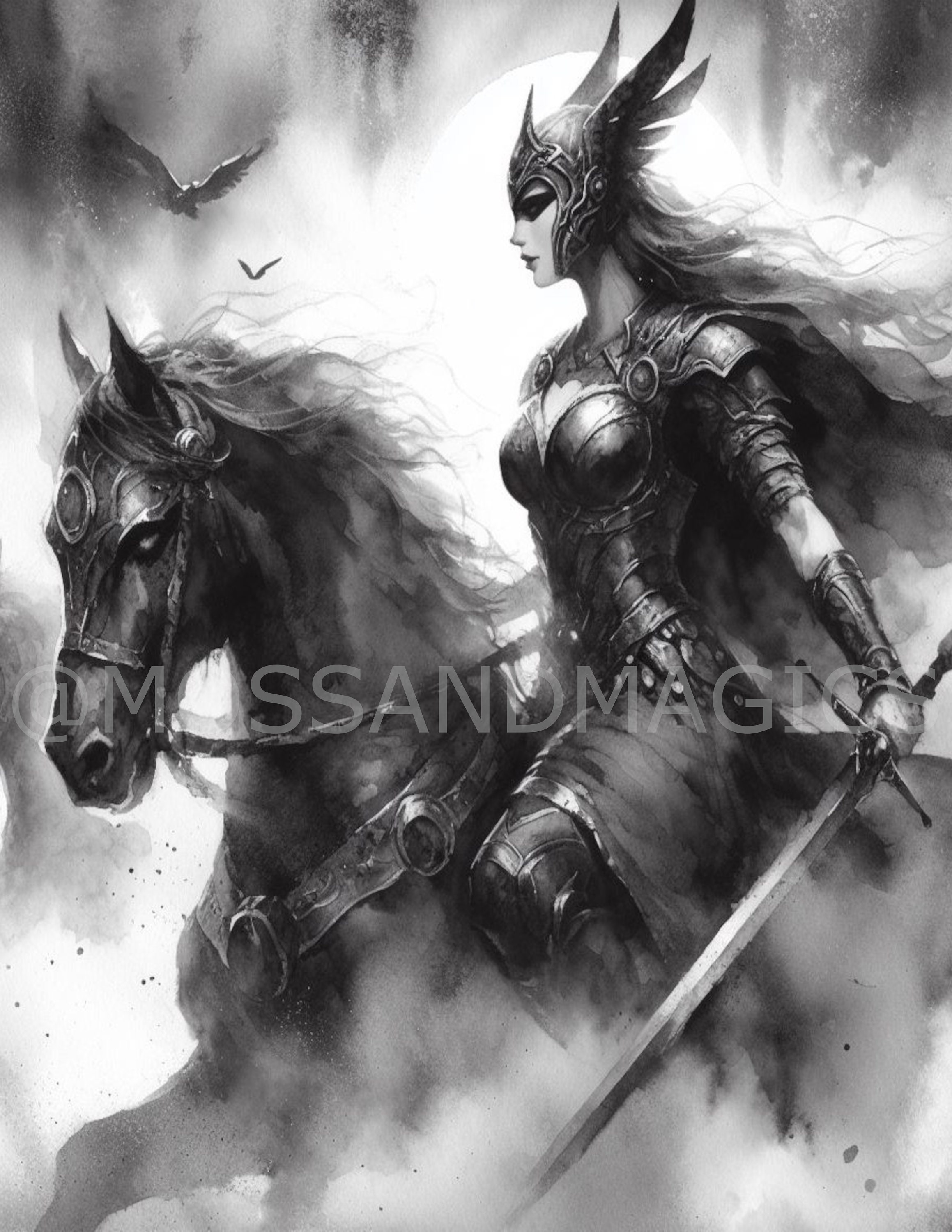 Medieval Valkyrie Warrior Viking Woman on Horse , Dark Fantasy Misty ...