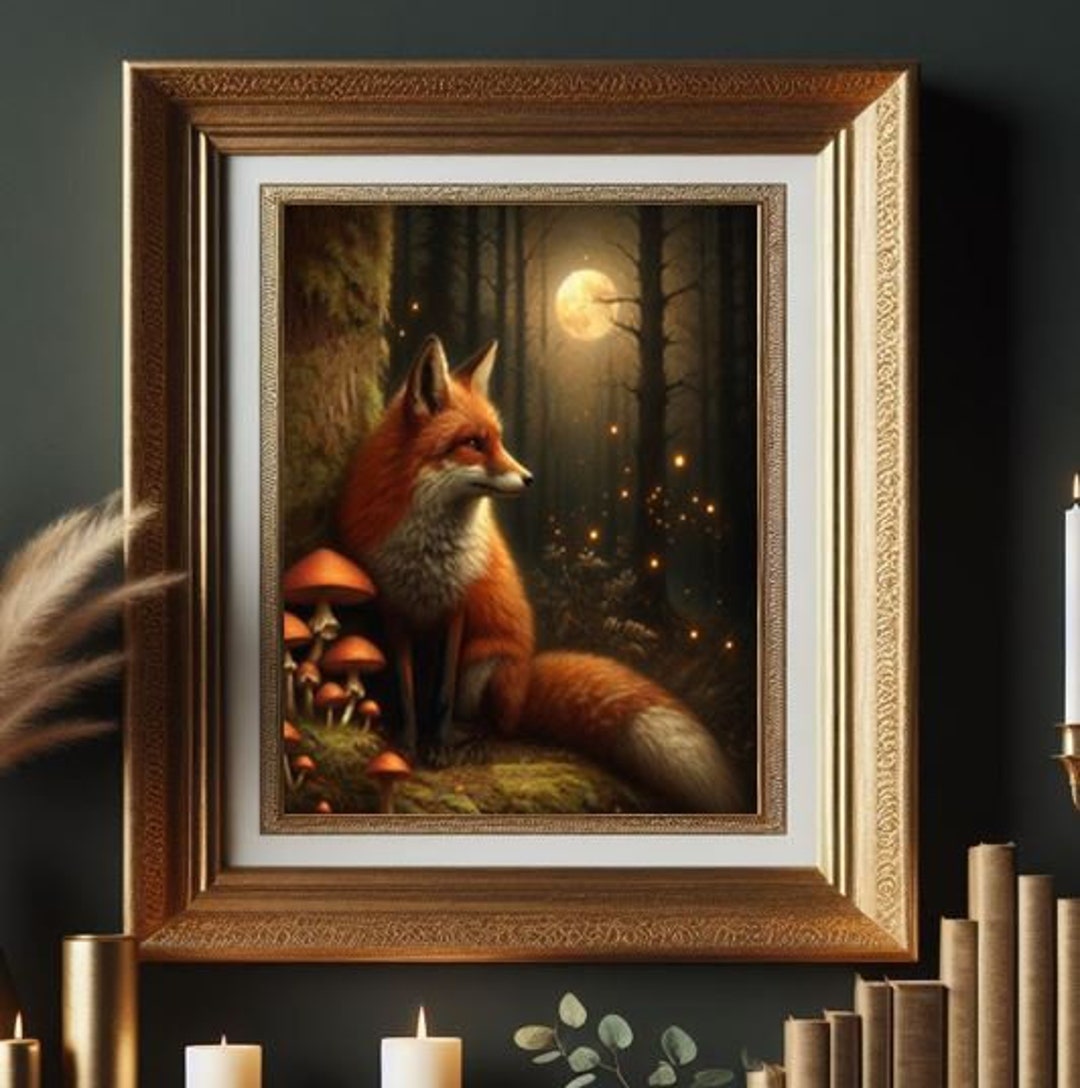 Red Fox in Dark Fantasy Forest, Red Mushrooms Moss Trees Fireflies ...