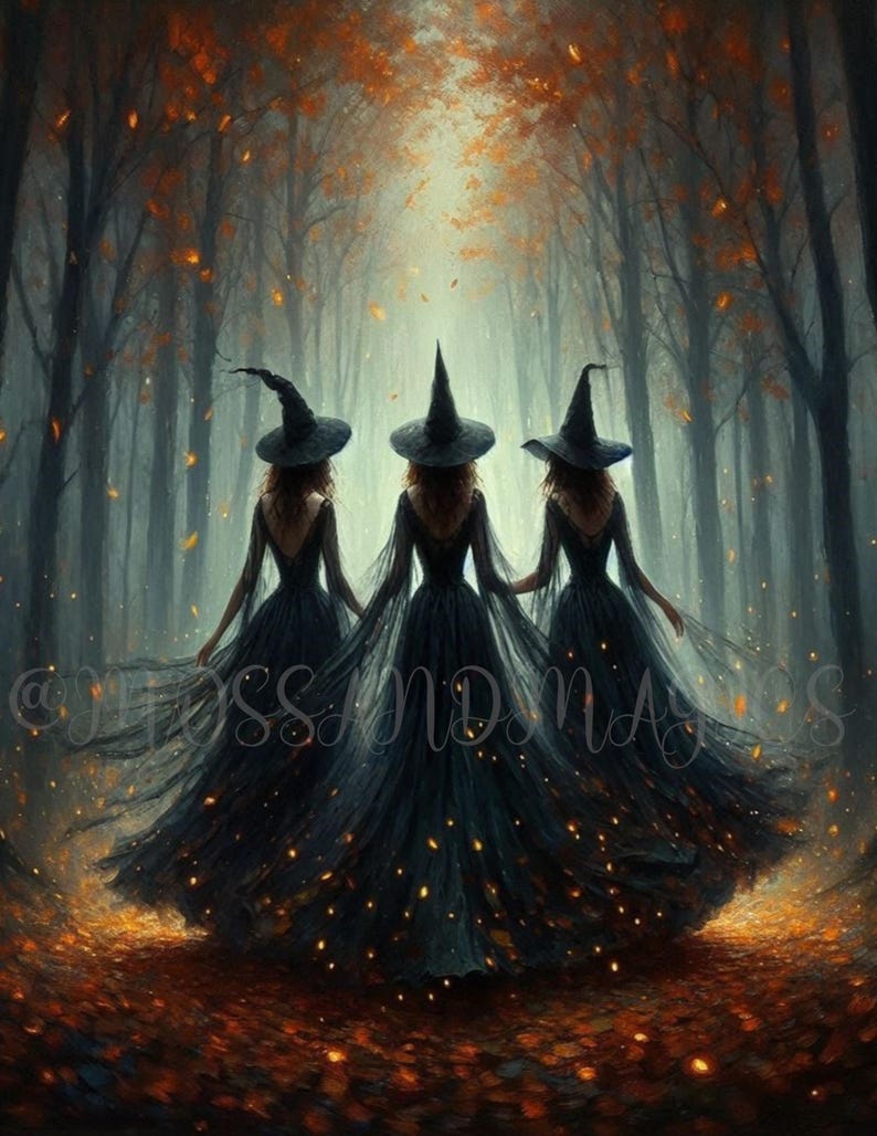 Sister Witches Walking in Autumn Forest Halloween Dark Academia Fantasy ...