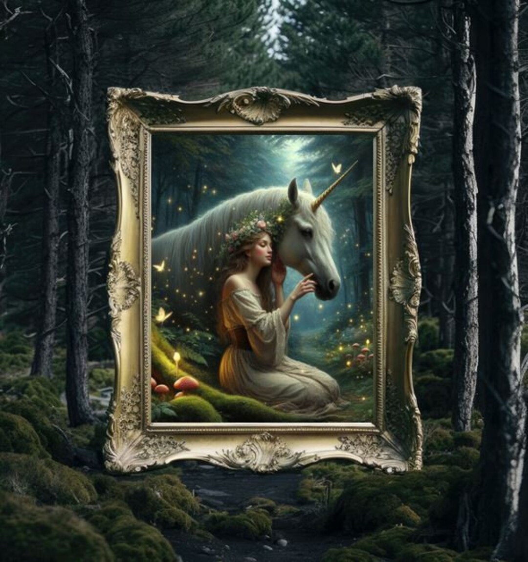 Unicorn & Goddess Woman, Red Mushroom Forest Fireflies Vintage John ...