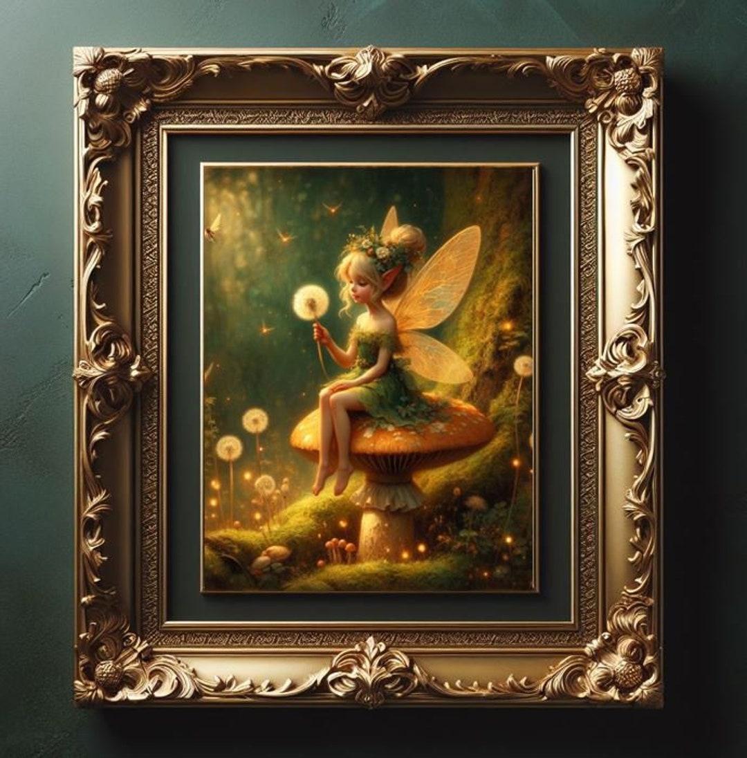 Forest Fairy Sitting on Mushroom Holding Dandelion Tinkerbell Painting ...