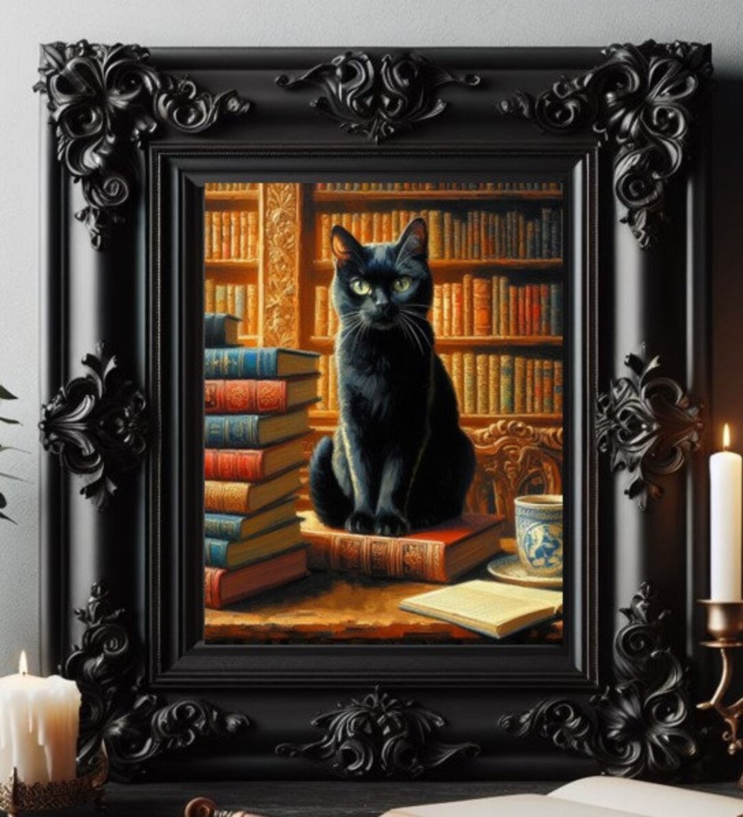 Black Cat in Library Sitting on Book With Coffee Vintage Oil Painting ...