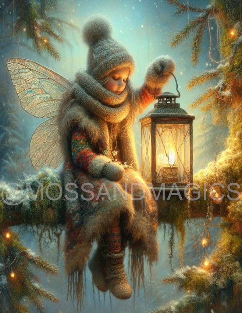 Forest Winter Fairy Child Sitting on Branch Holding Lantern Painting ...
