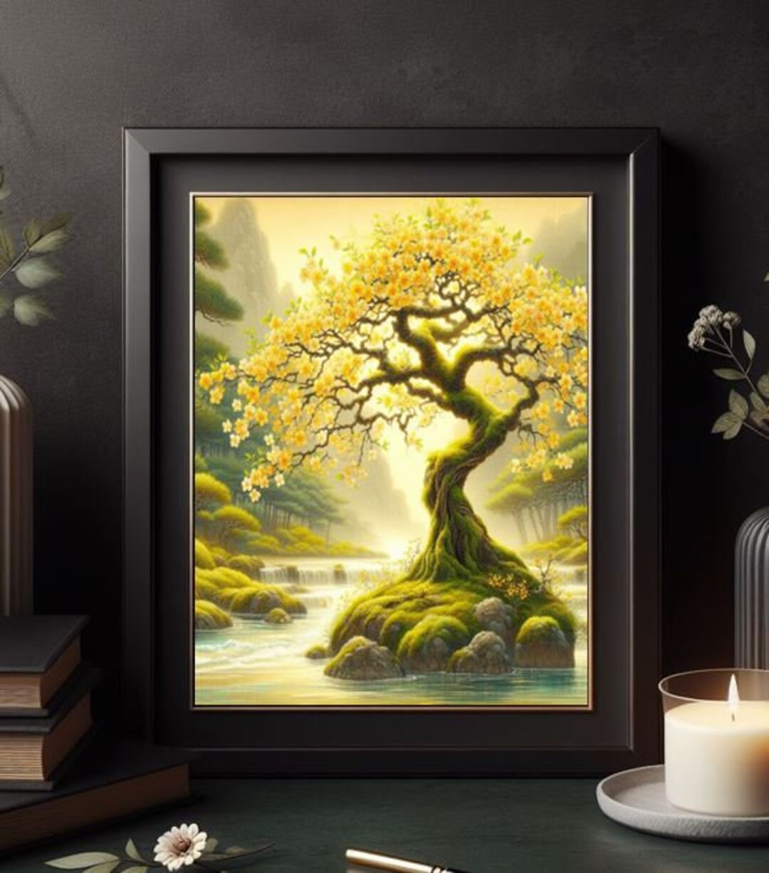 Japanese Yellow Cherry Tree Sakura Blossom Sun Waterfall Moss ...