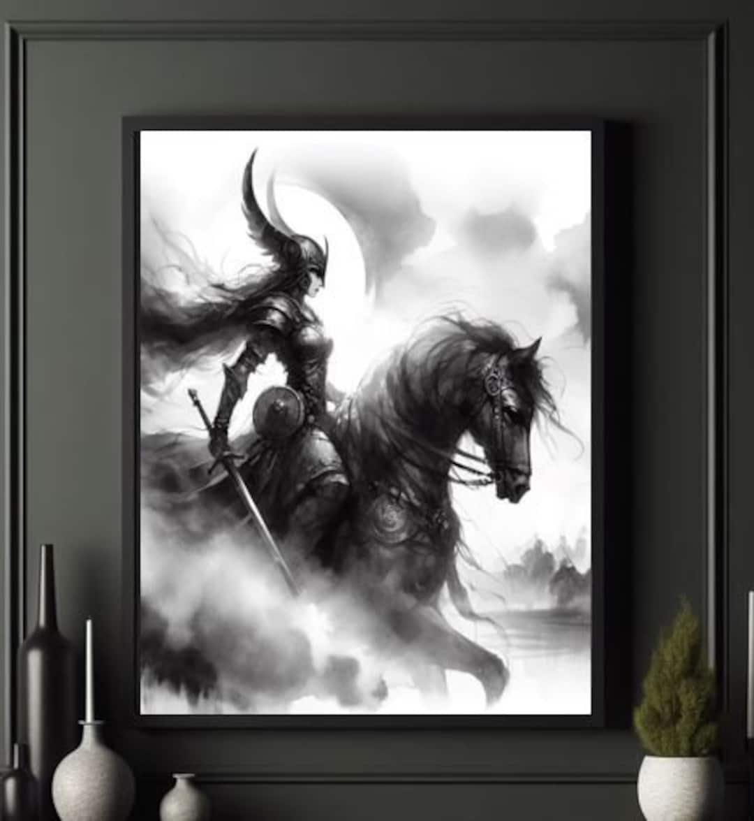 Medieval Valkyrie Warrior Viking Woman on Horse , Dark Fantasy Misty ...