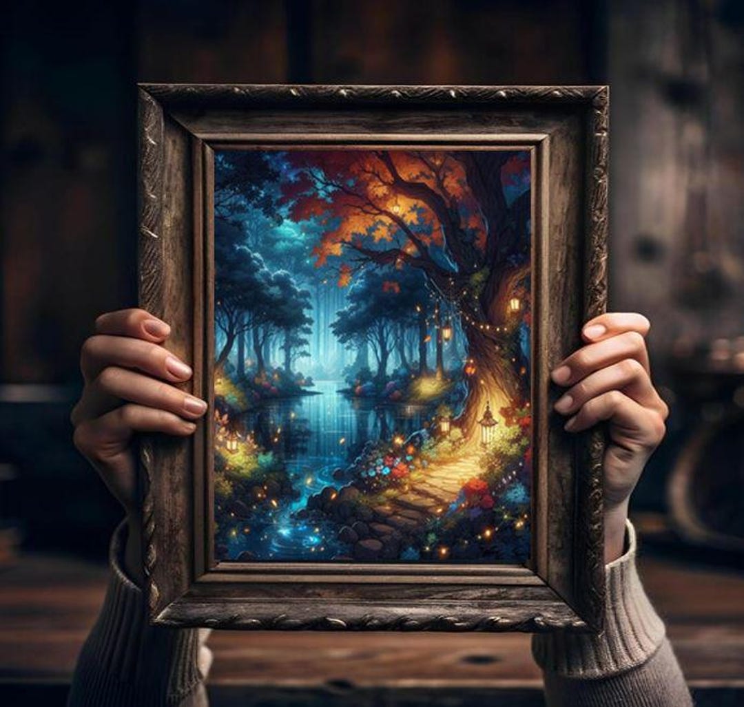 Magical Enchanted Night Forest, Water, Fireflies, Lanterns, Illuminated ...