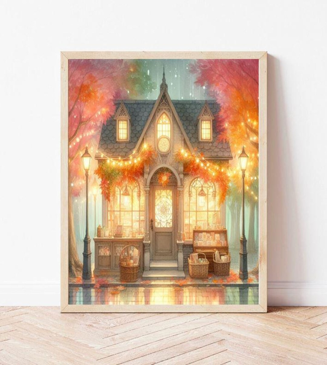 Cozy Autumn Fall Bookstore Cottage Village Book Shop Coffee Shop Cafe ...