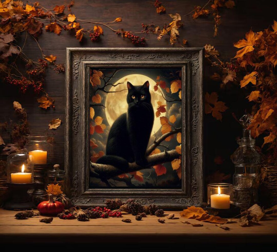 Black Cat Sitting on a Branch in Front of a Full Moon, Autumn Fall ...