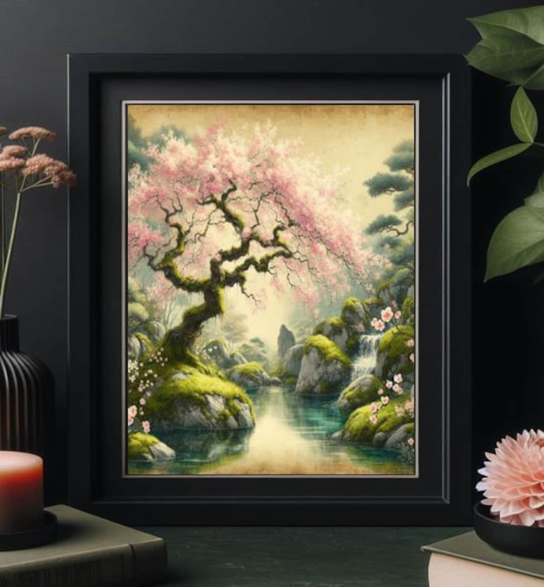 Japanese Pink Cherry Tree Sakura Blossom Moss Waterfall Traditional ...