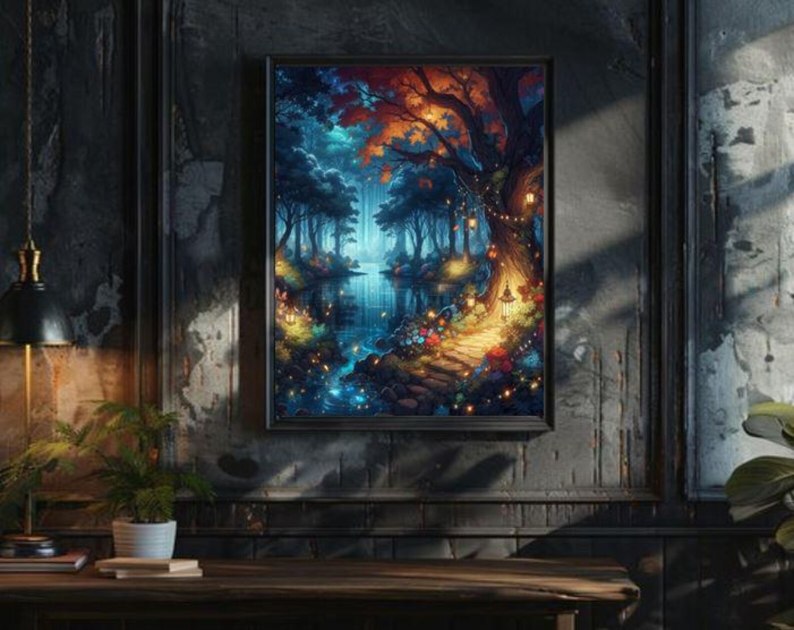 Magical Enchanted Night Forest, Water, Fireflies, Lanterns, Illuminated ...