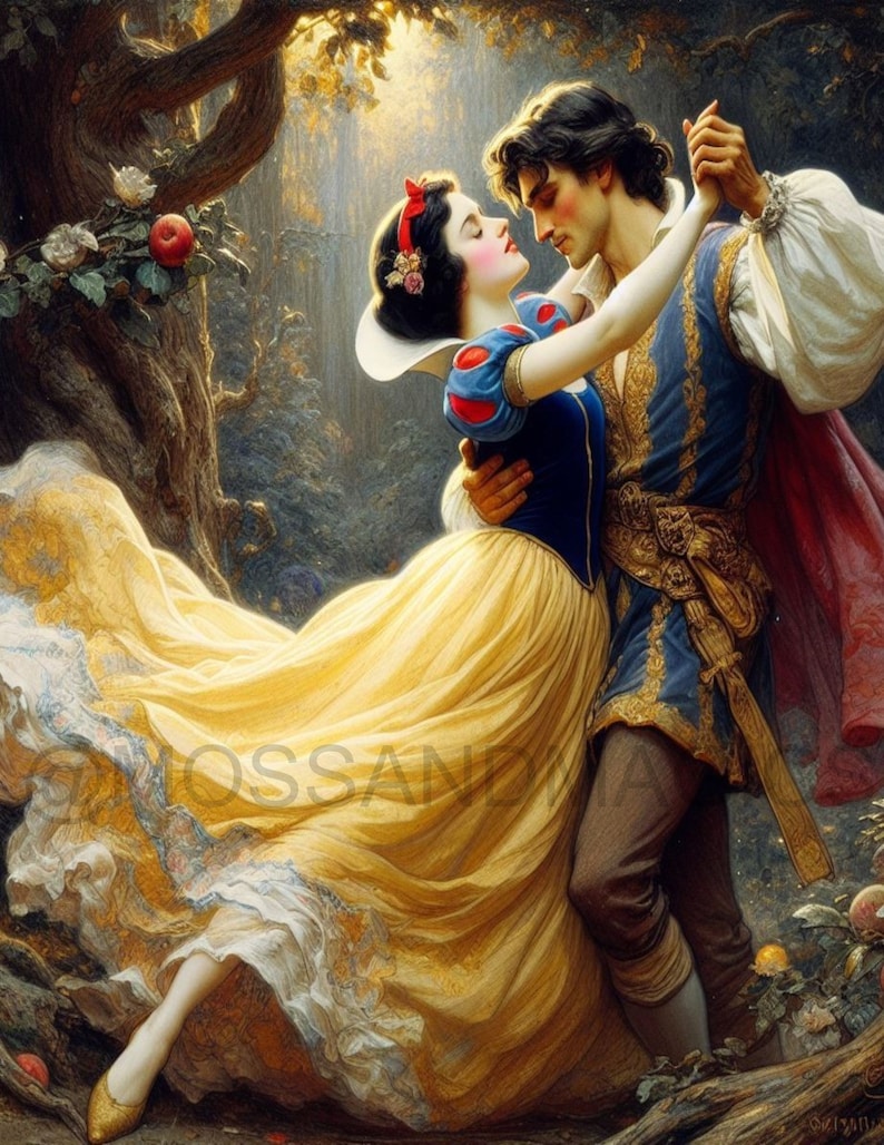 Snow White Princess and Prince Dancing in Woods Medieval 18th Century ...