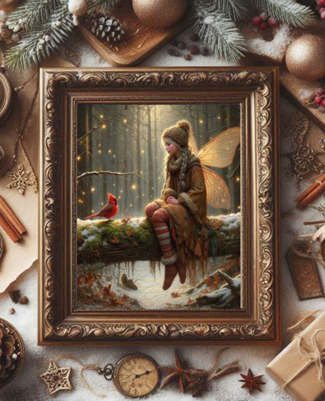 Christmas Winter Fairy Sitting With Red Cardinal Bird, Magical Fantasy ...