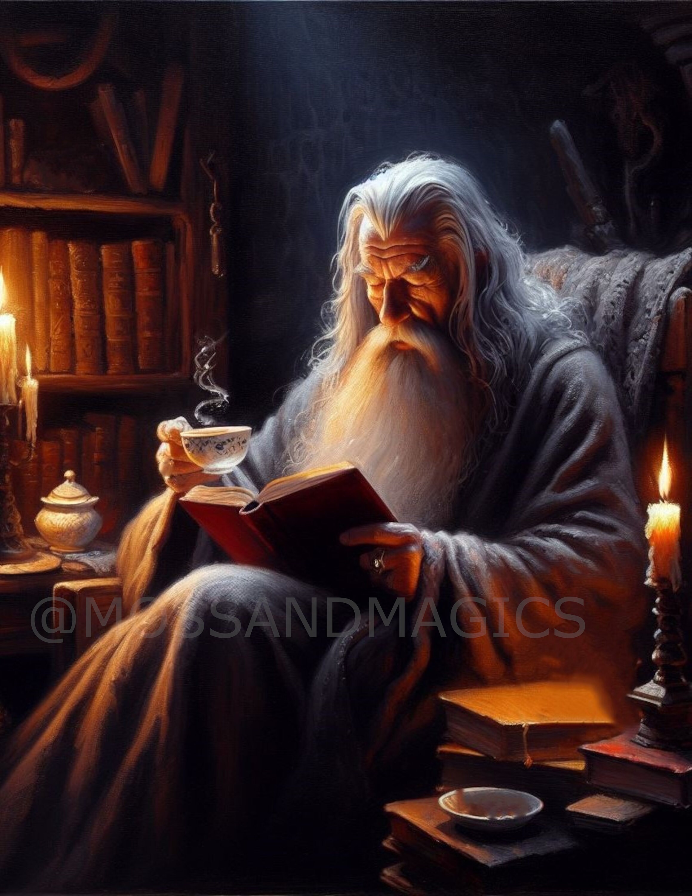 Lord of the Rings Sleepy Gandalf Holding Tea & Reading a Book in Gondor ...