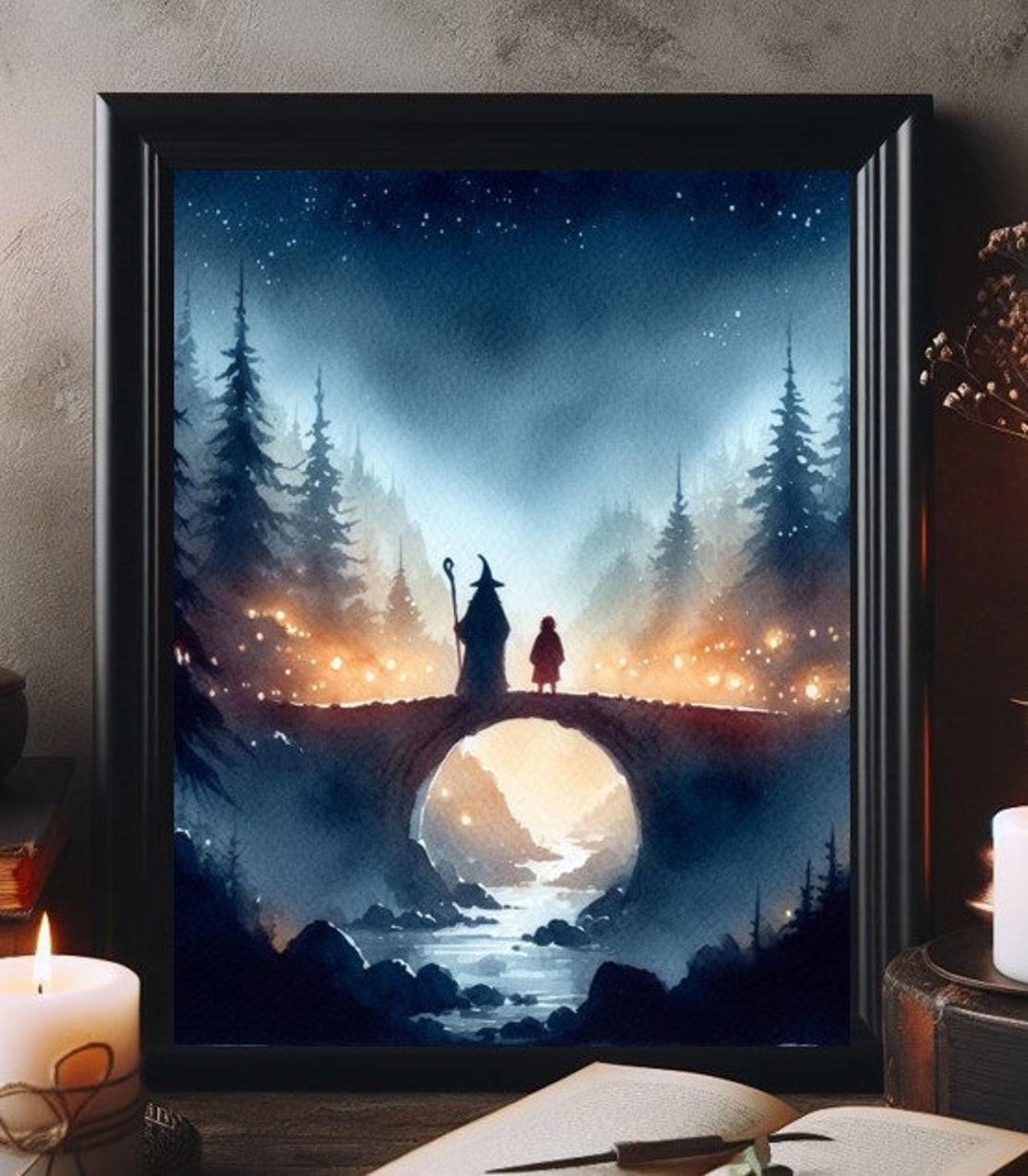 Hobbit Gandalf Frodo Lord of the Rings Magical Adventure Forest Tree Hobbiton Bridge Watercolor ...