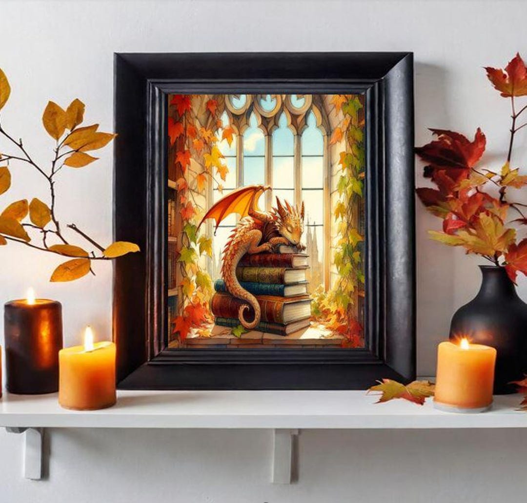 Autumn Library Dragon Sleeping in Cathedral Window, Books Vintage ...