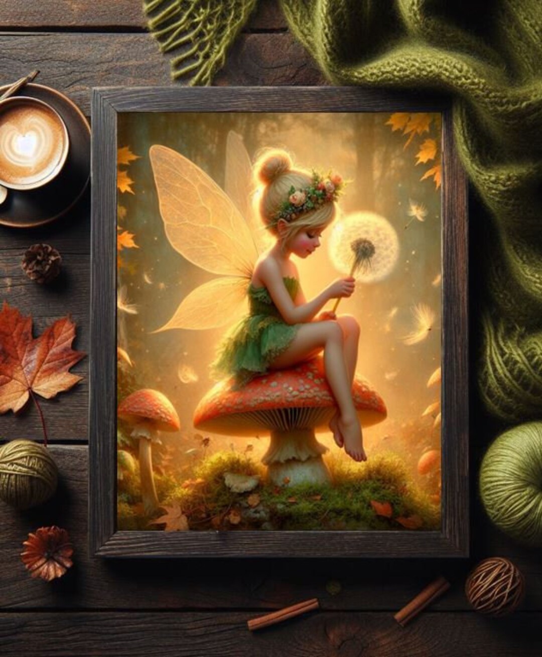 Forest Fairy Sitting on Mushroom Holding Dandelion Tinkerbell Painting ...