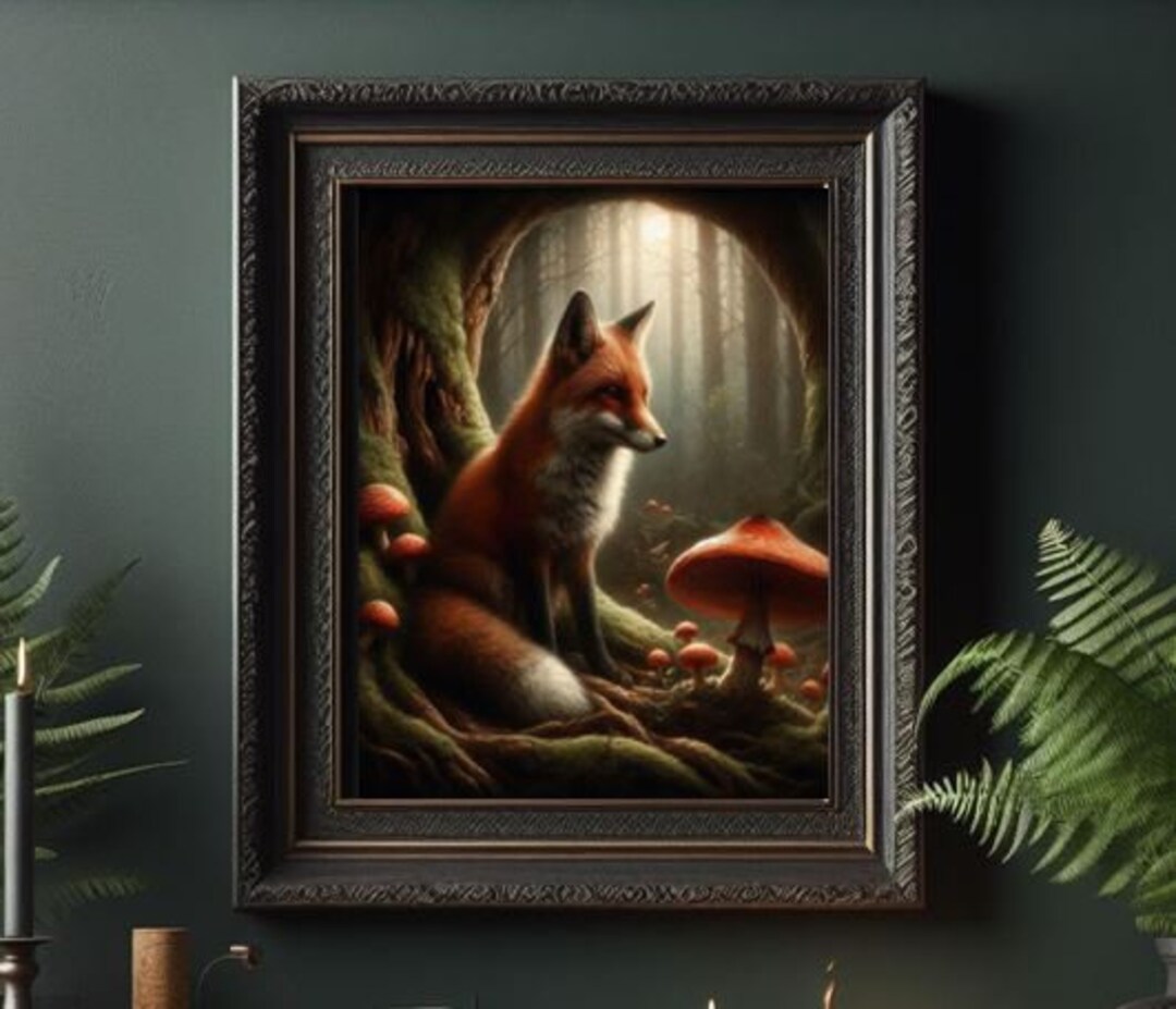 Red Fox in Dark Fantasy Forest, Red Mushrooms Moss Trees Nature Vintage ...