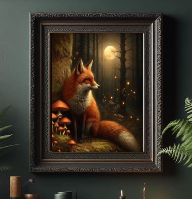 Red Fox in Dark Fantasy Forest, Red Mushrooms Moss Trees Fireflies ...