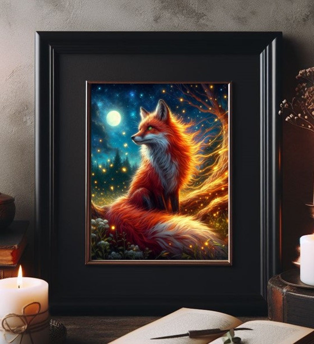 Red Fox in Forest, Glowing Fireflies, Moon & Stars Celestial Magical ...