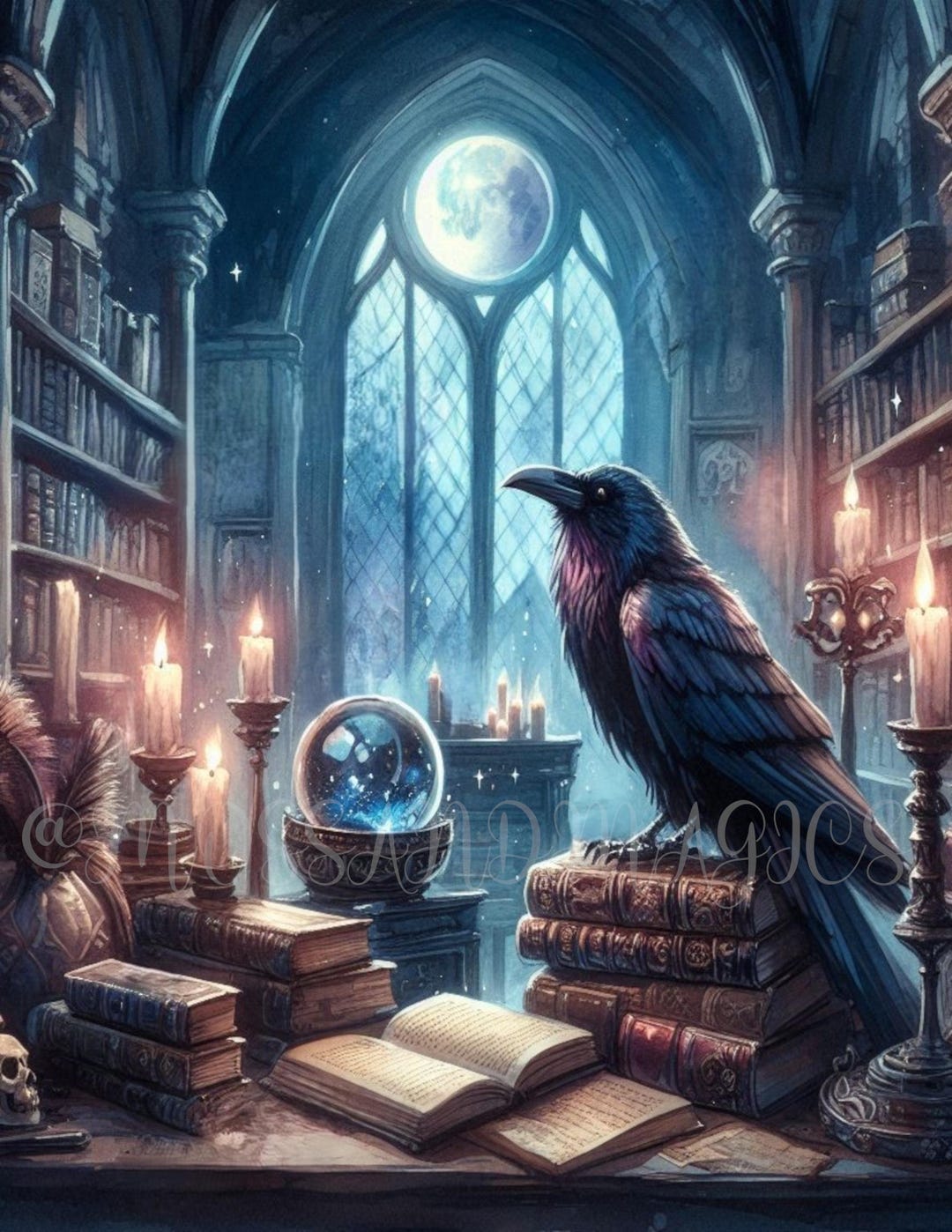 Raven Books Crystal Ball Magical Library Witch Spell Room Halloween ...