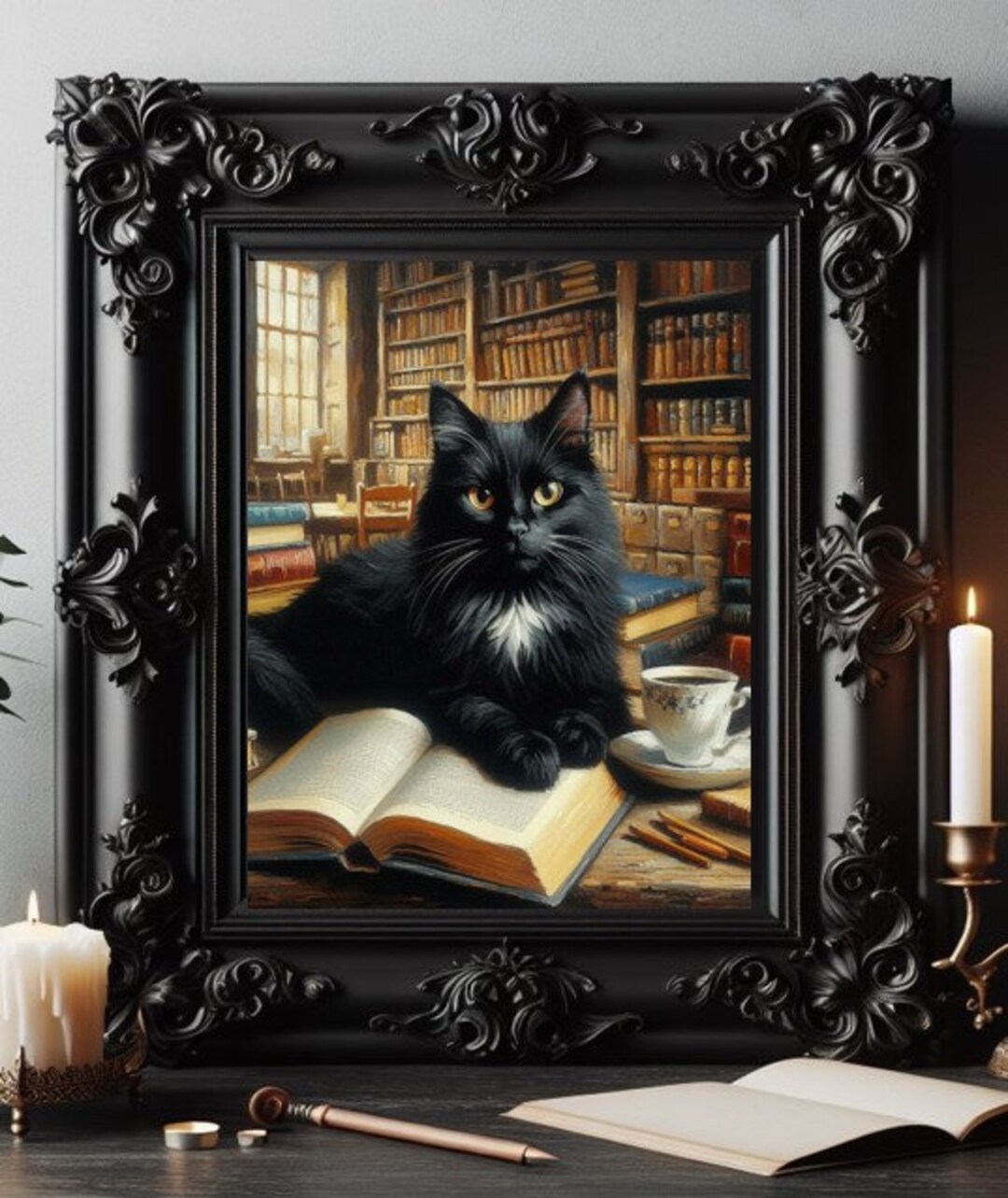 Black Cat in Library Sitting on Book With Coffee Vintage Oil Painting ...