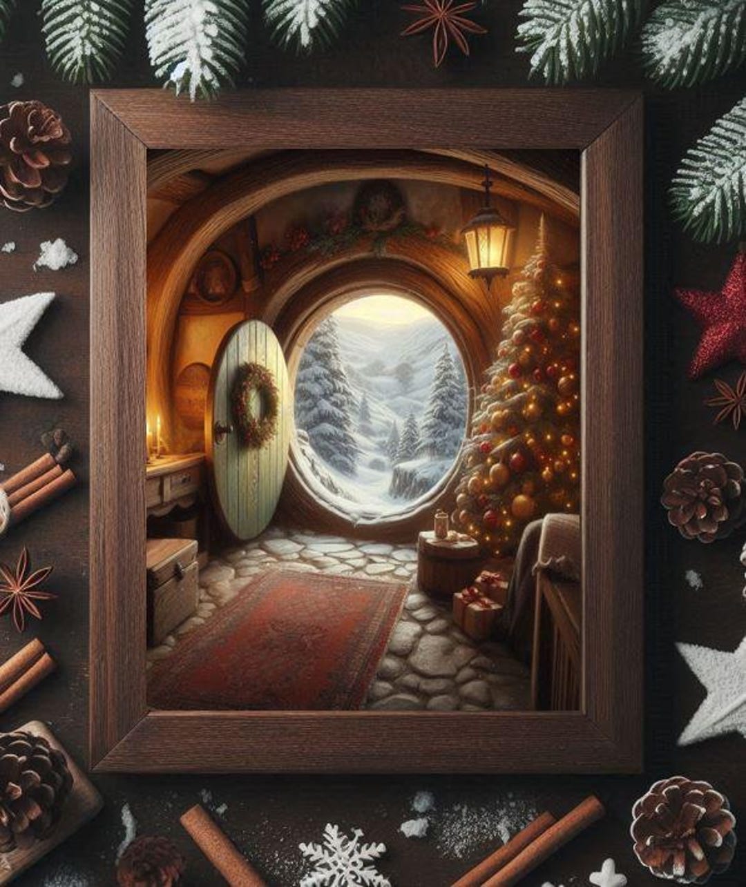 Cozy Christmas Hobbit Home, Winter Snow Christmas Tree Woodland Forest ...
