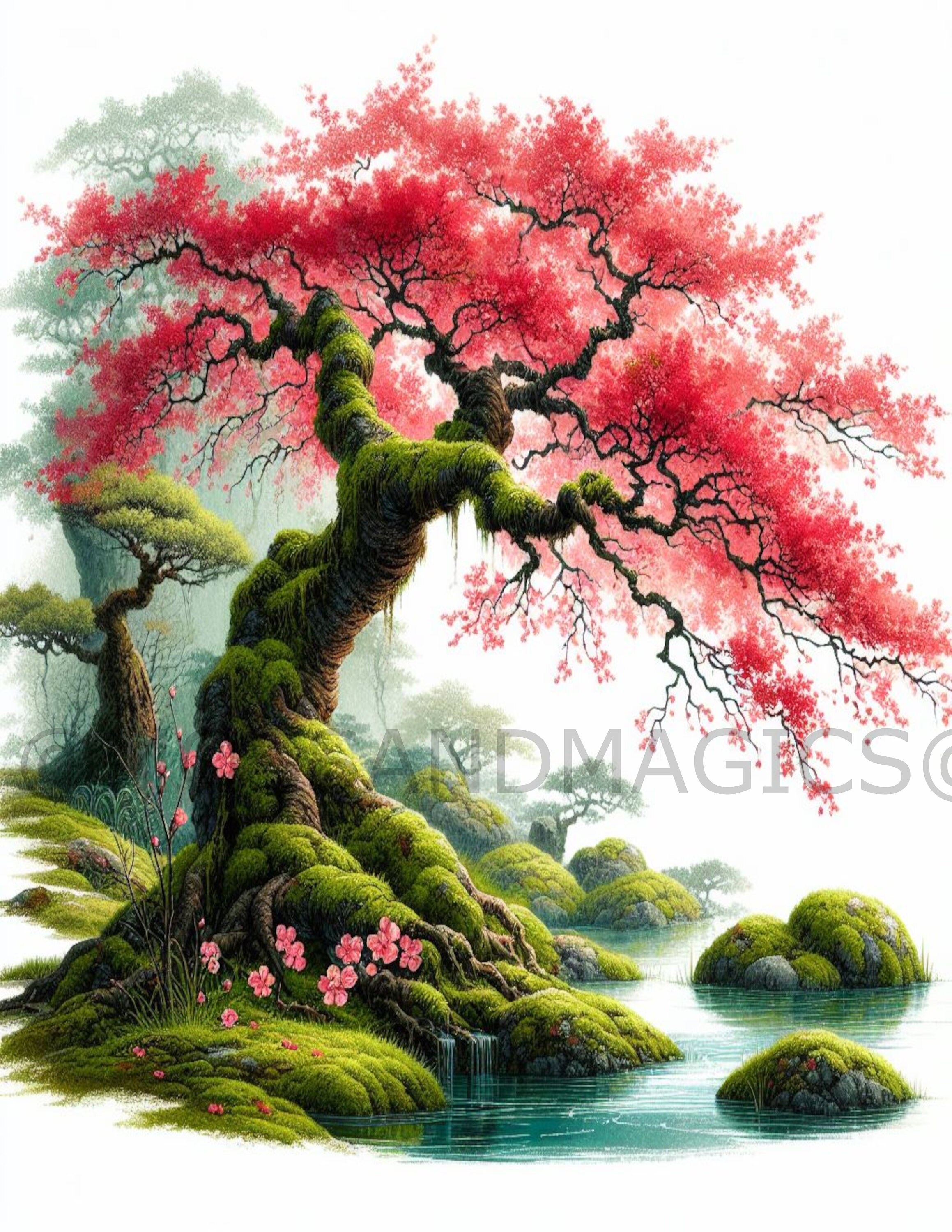 Japanese Red Pink Cherry Tree Sakura Blossom Sun Water Moss Traditional ...