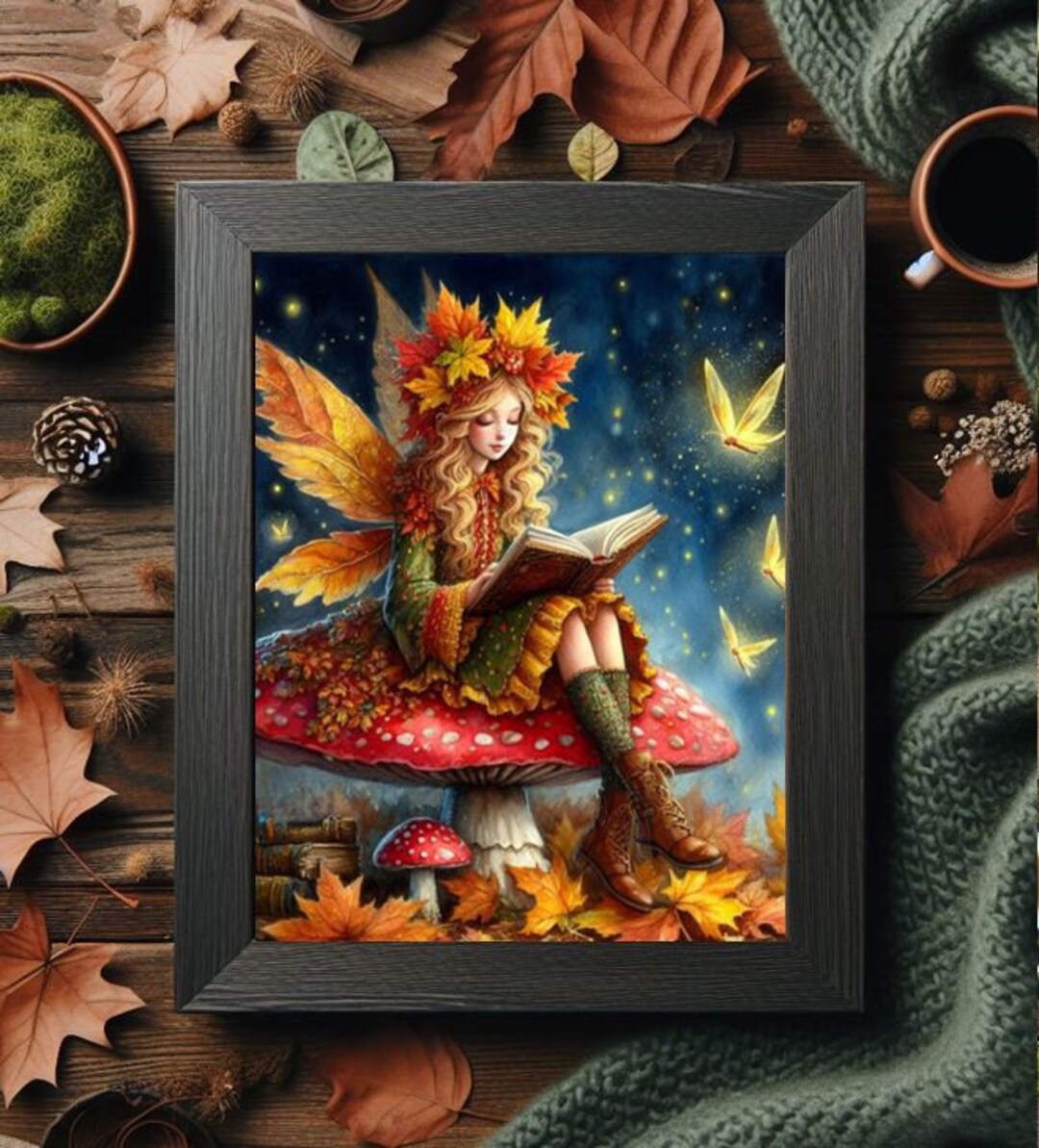 Autumn Forest Fairy Sitting on Mushroom Reading Painting Fantasy Fairy ...