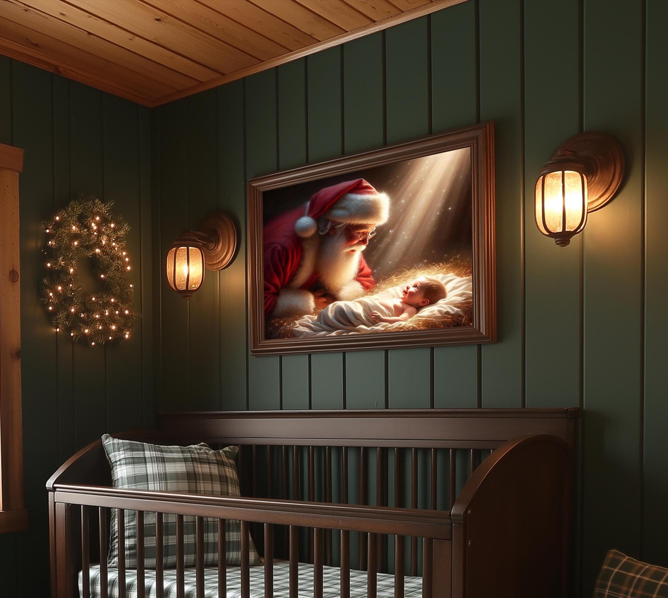 Baby Jesus, Manger, Santa Claus Christmas Winter Painting Nativity ...