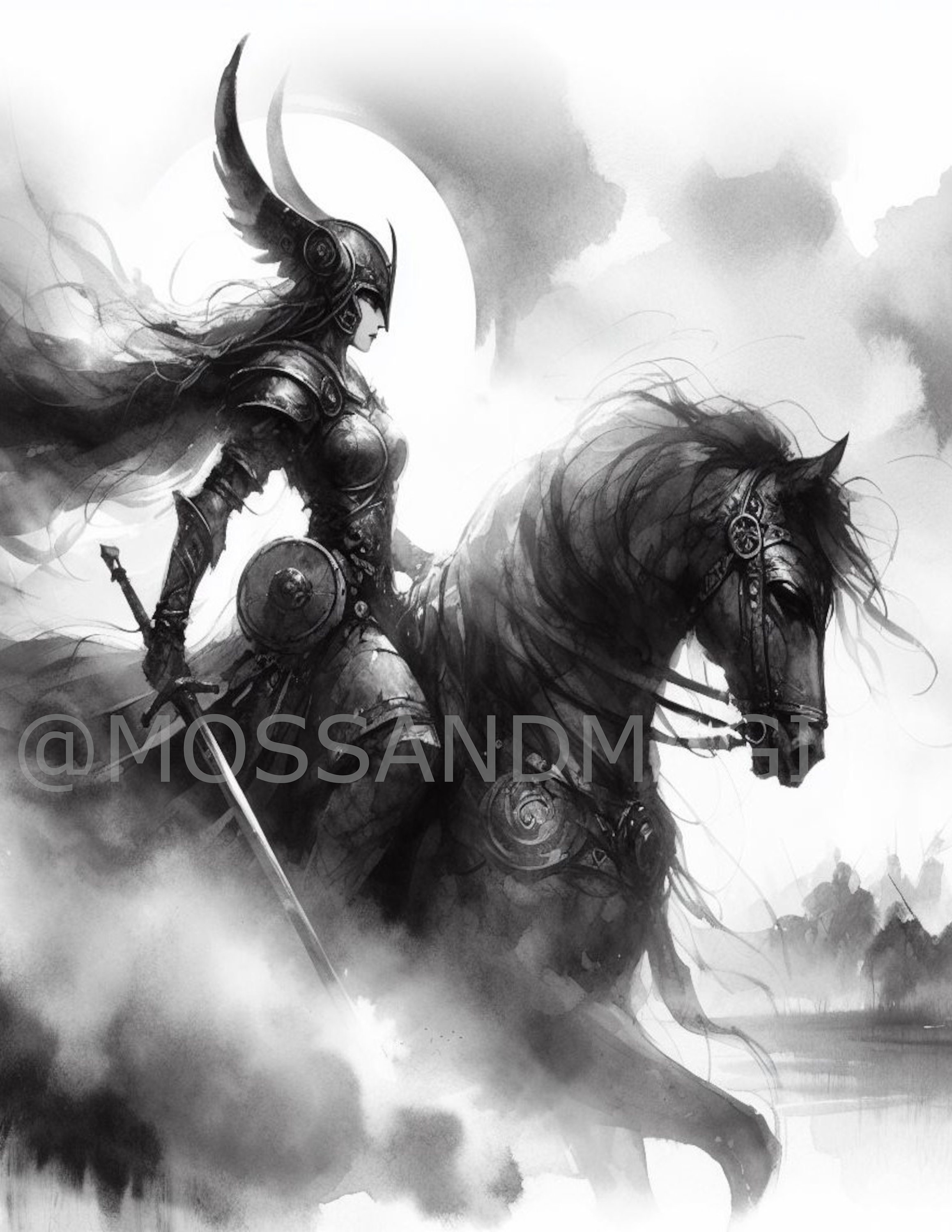 Medieval Valkyrie Warrior Viking Woman on Horse , Dark Fantasy Misty ...