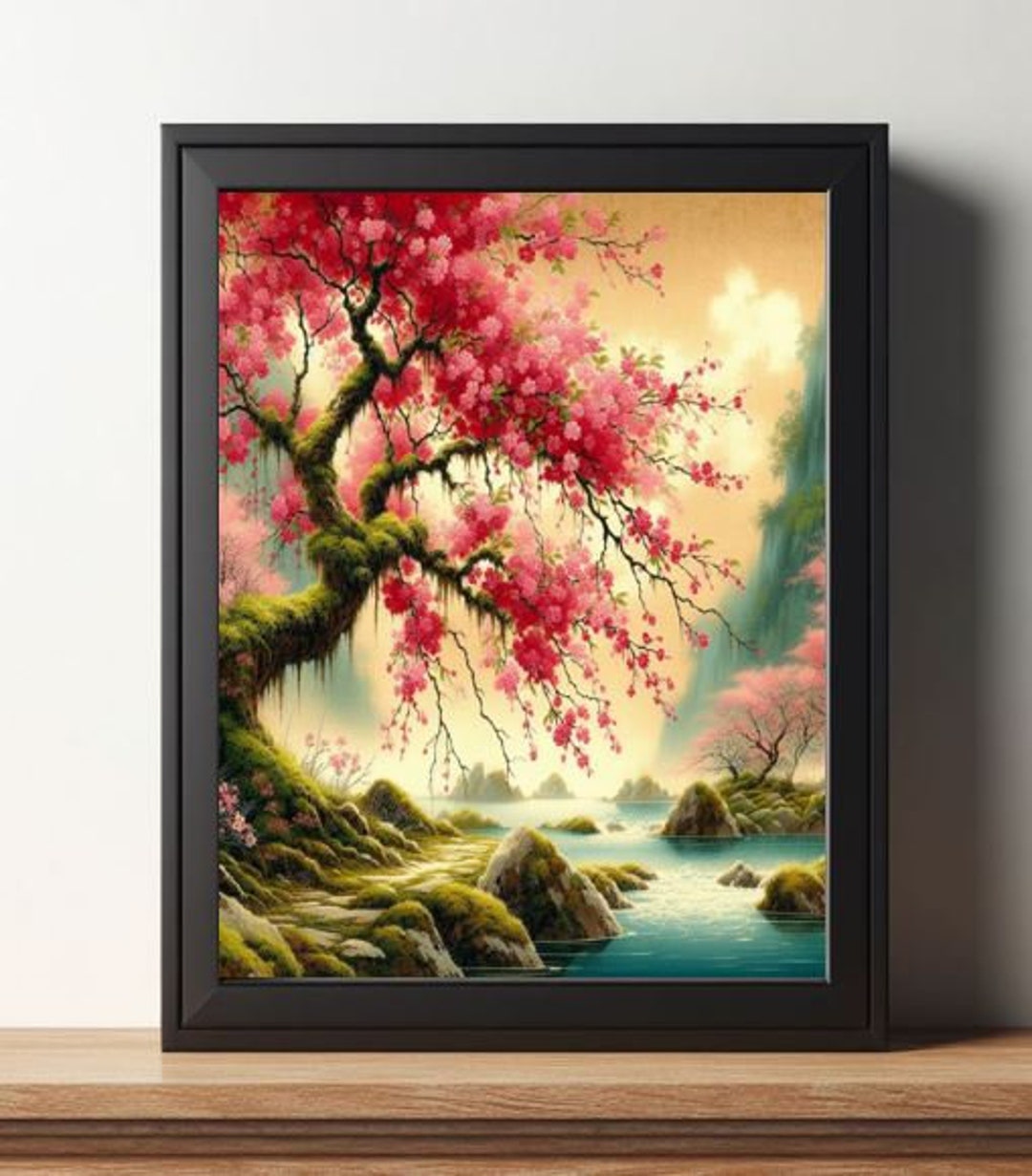 Japanese Red Pink Cherry Tree Sakura Blossom Moss Waterfall Traditional ...
