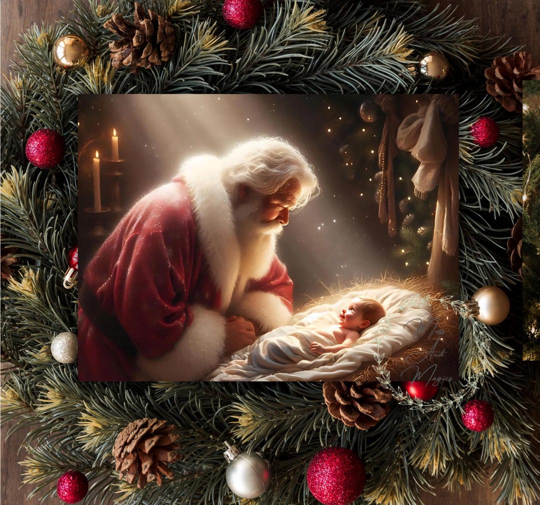 Baby Jesus, Manger, Santa Claus Father Christmas Painting Nativity ...