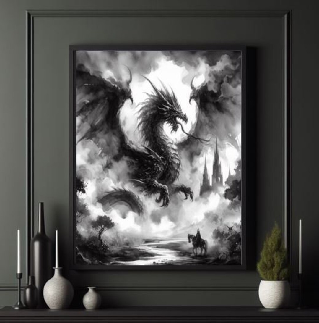 Medieval Mythical Fire Dragon Castle Knight Medieval Dark Fantasy Misty ...