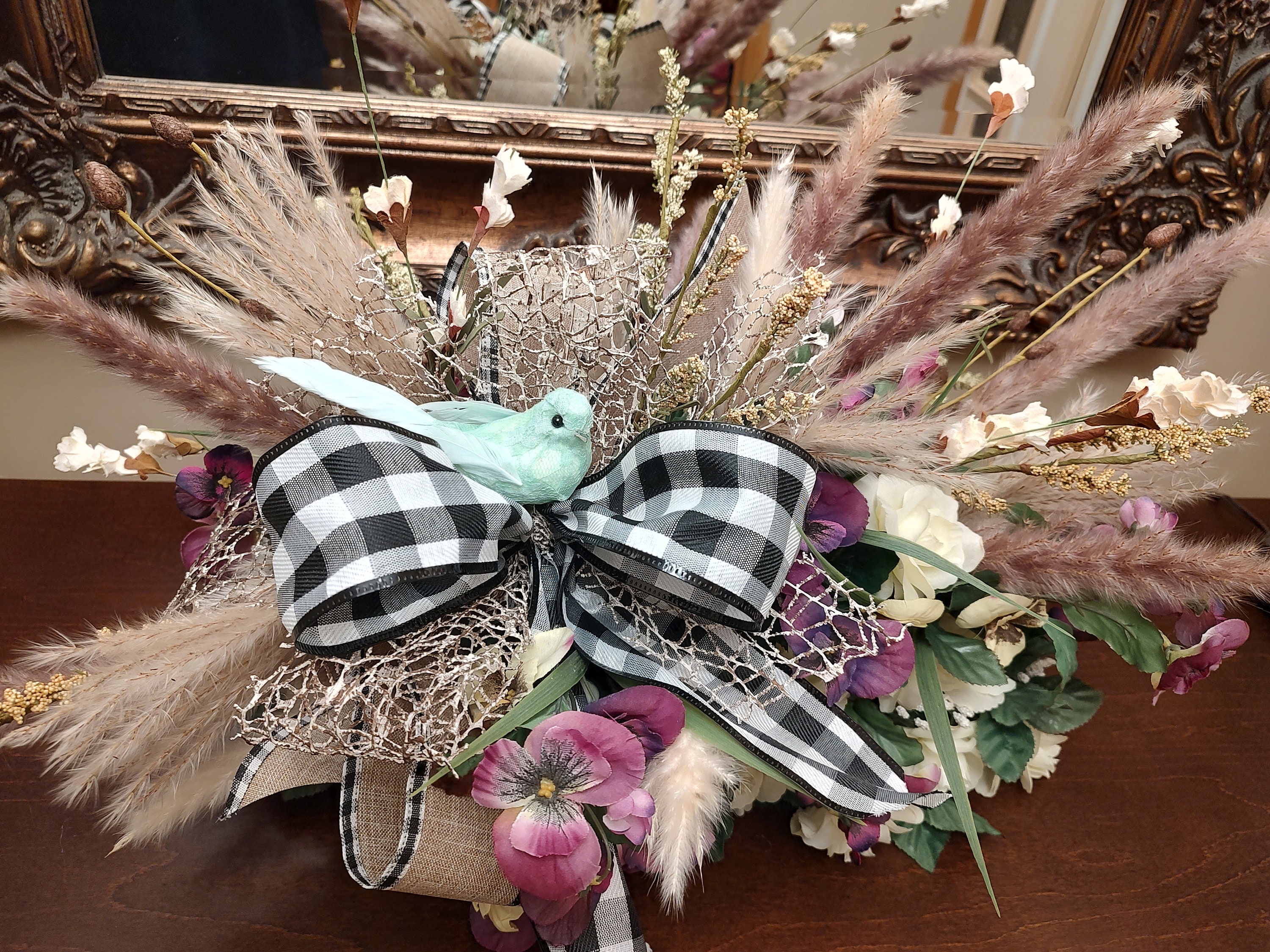 Farmhouse Table Centerpiece, Triple Ribbon Bow, Roses, Bird Arrangement ...