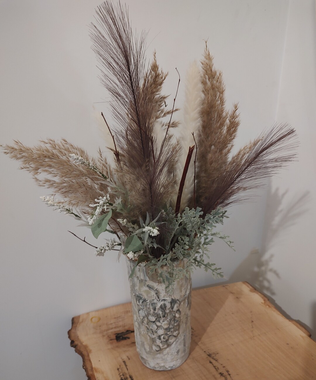 Texture Stone Centerpiece, Dusty Miller With Pampas Grasses Adds Warm ...