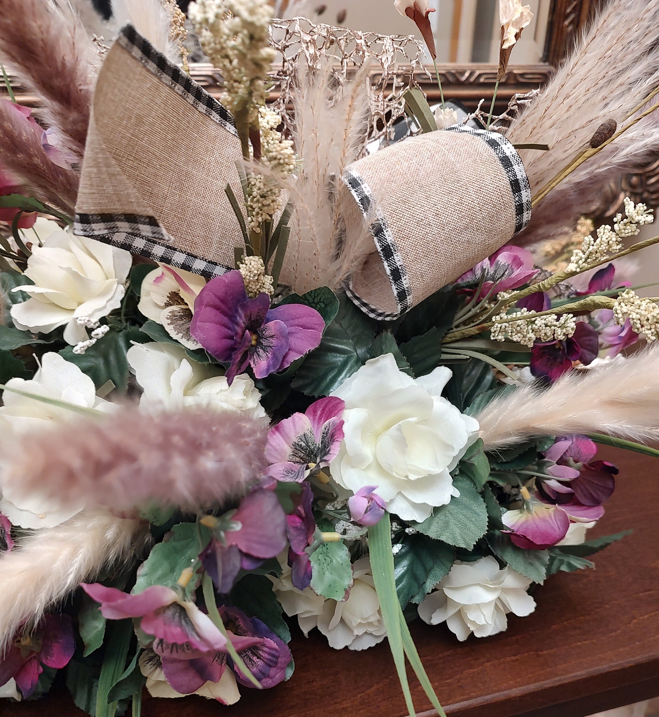 Farmhouse Table Centerpiece, Triple Ribbon Bow, Roses, Bird Arrangement ...
