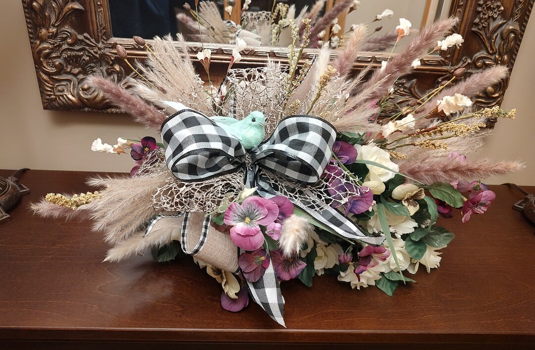 Farmhouse Table Top Centerpiece, Triple Ribbon Bow, Roses, Bird ...