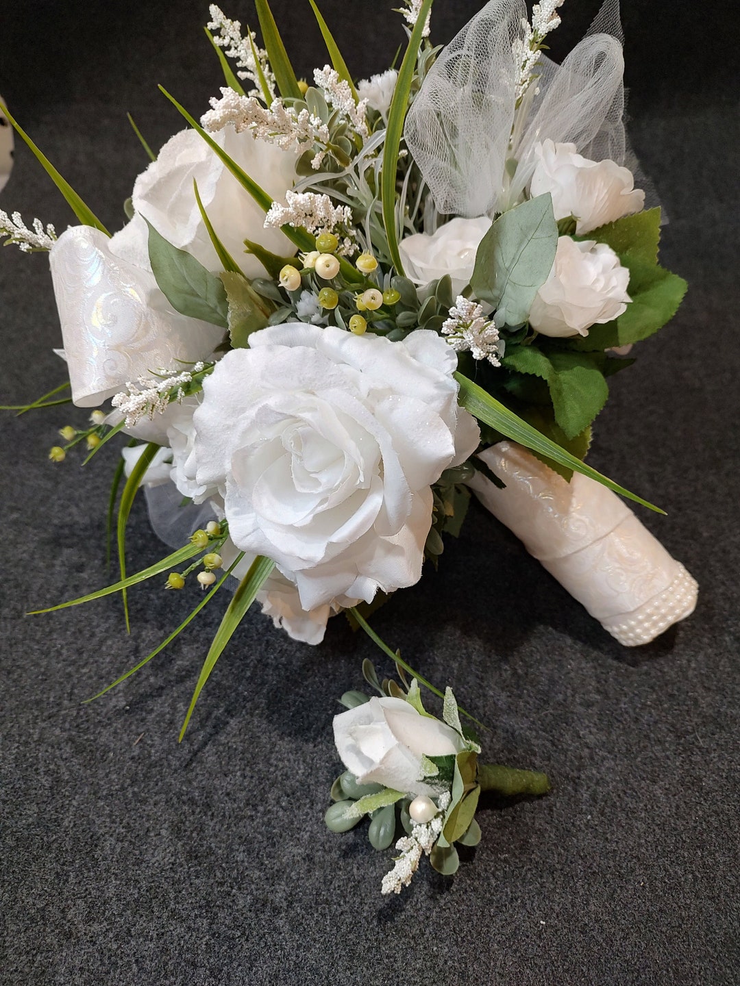Rose Bridal Bouquet, White Roses, Multiple Greenery Stems, Faux Pearls ...