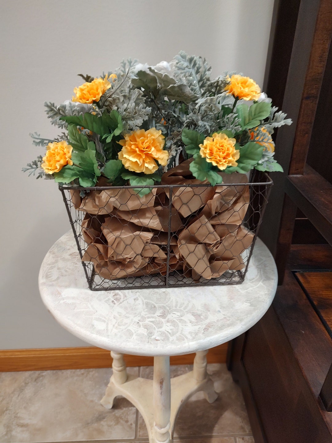 Farmhouse Marigold Centerpiece: Faux Floral Arrangement in Wire Basket ...
