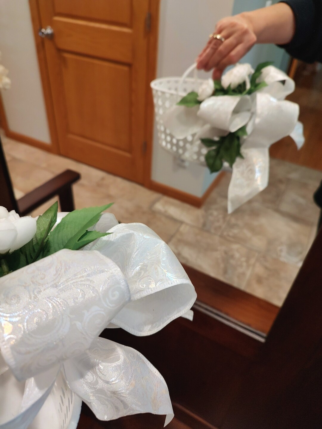 White Basket, Bake Lite, Artificial , Wicker Basket, Roses and Ribbon ...