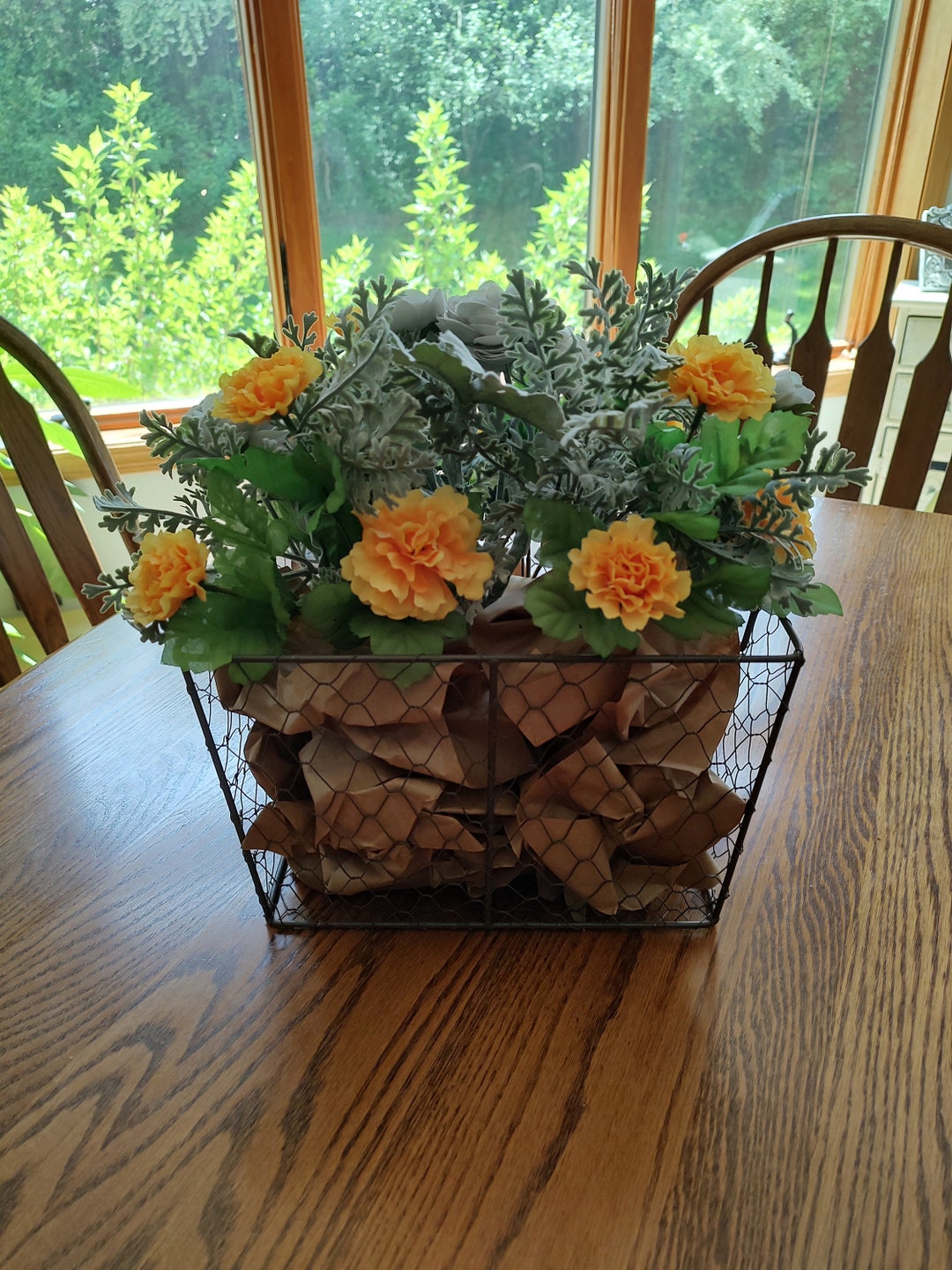 Marigold Basket Centerpiece, Sunshine Marigolds, Dusty Miller & Gray ...