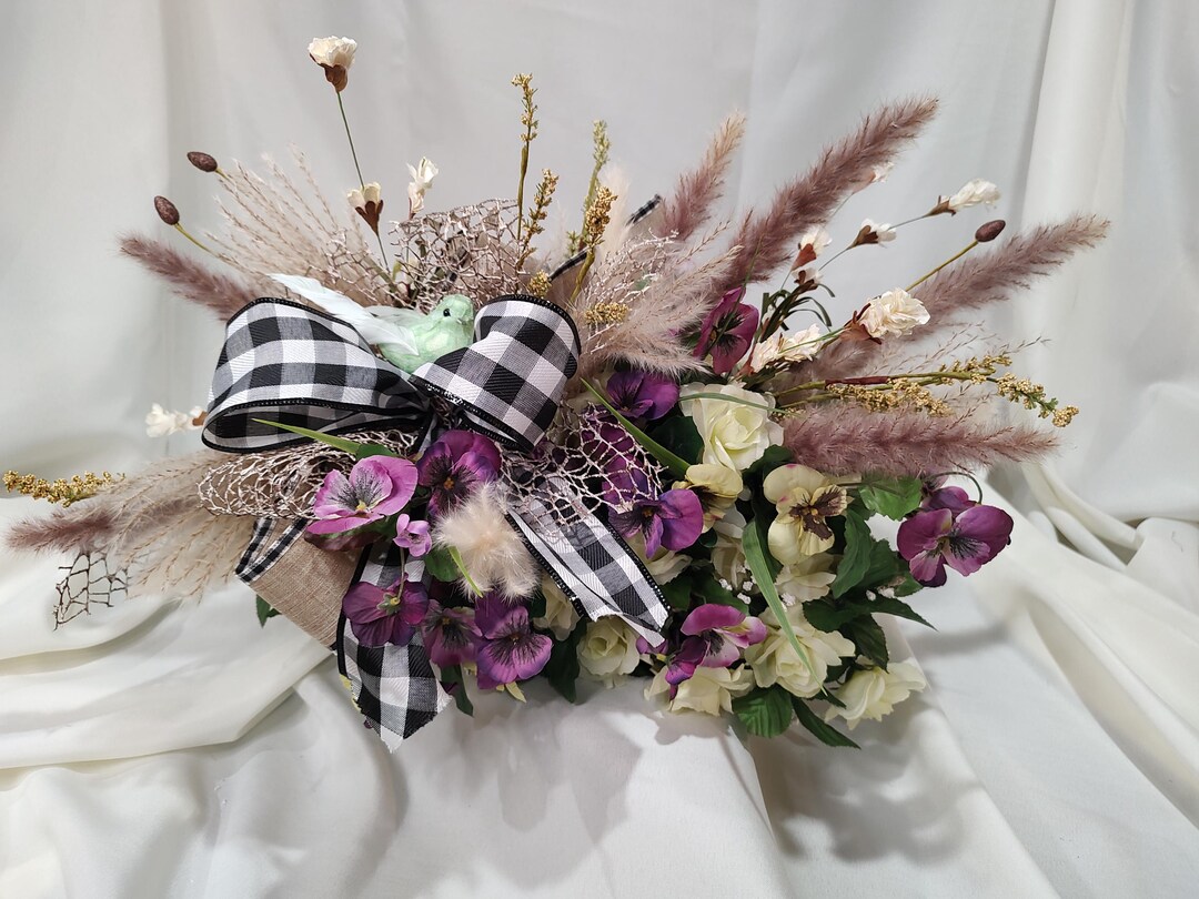 Farmhouse Spring Centerpiece, Pansies, Roses, Buffalo Check Bow ...
