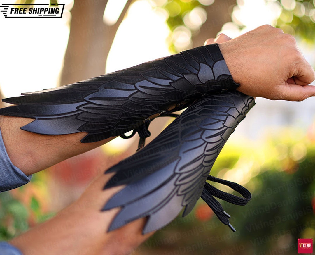 Samurai Knight Leather Arm Warmers, Raven Wings Viking Larp Armor, Ren ...