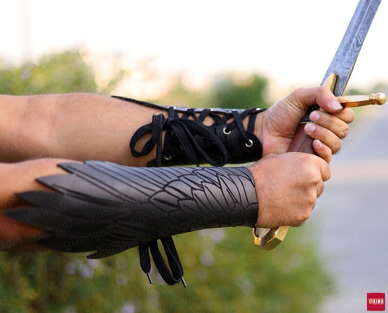 Samurai Knight Leather Arm Warmers, Raven Wings Viking Larp Armor, Ren ...